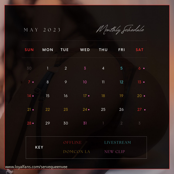 May Content Schedule - Supreme Queen Vee Findom Cult Leader Official ...
