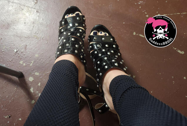 These spiked heels... dancing all over your feeble, sensitive cock ...